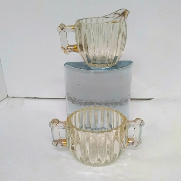 Jeanette Glass Dining Vintage 3s Jeanette Ribbed Glass Sugar Creamer Server Set Wgold Trim